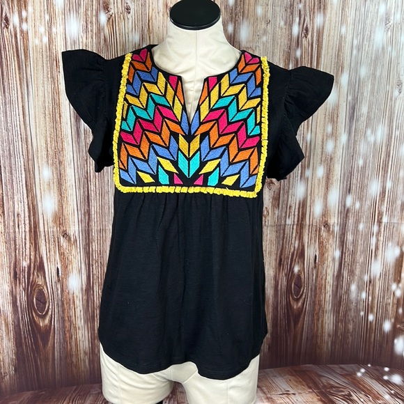 THML | Tops | Thml Cali Black Embroidered Ruffle Sleeve Top Small ...